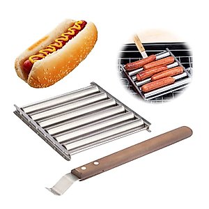 Hot Dog Roller,Dismantle The Hot Dog Rack, Sausage Grill, Wooden Handle, Stainless Steel BBQ Hot Dog Rack, Stainless Steel Hot Dog Rack