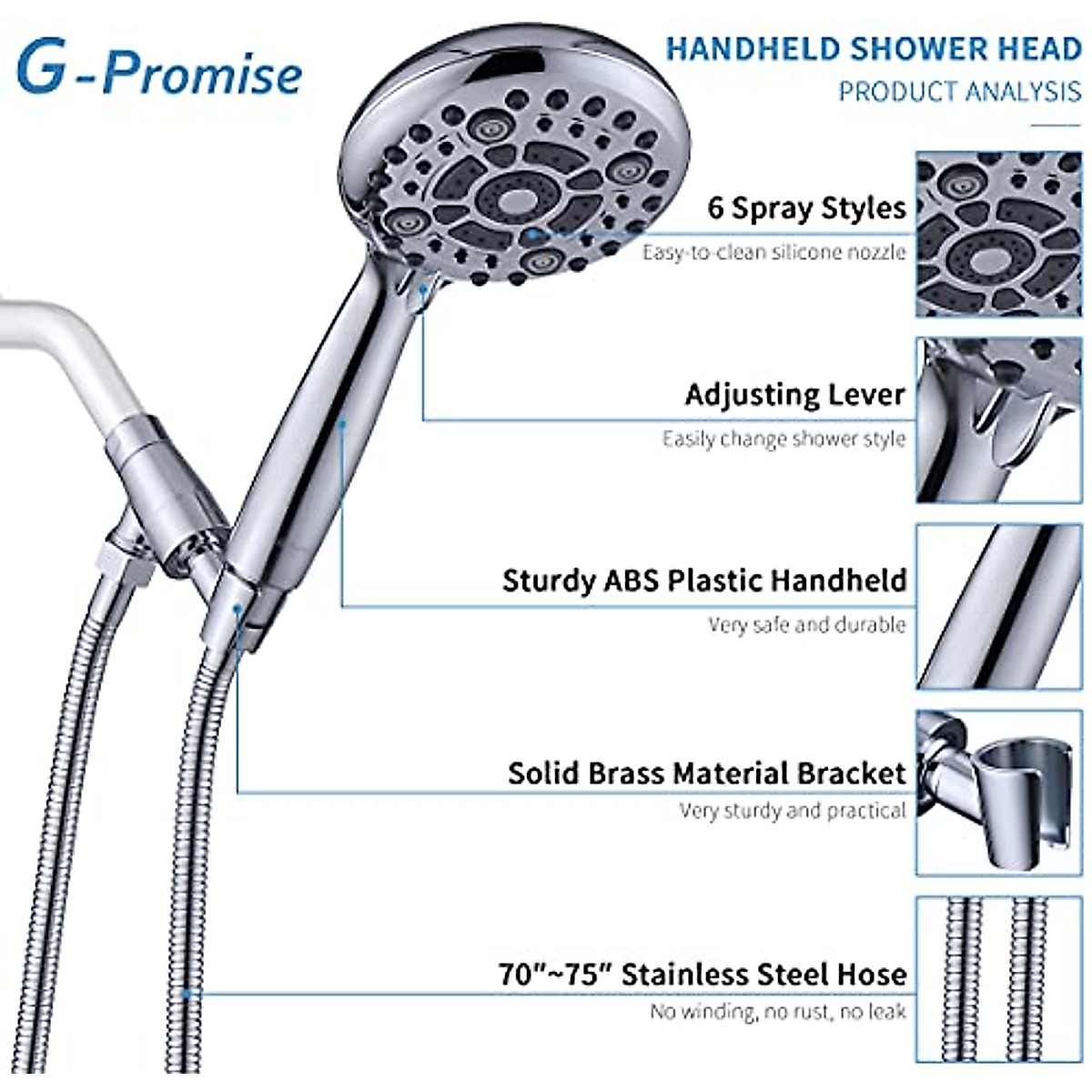 G-Promise Handheld Shower Head High Pressure 6 Spray Settings, Detachable Hand Held Showerhead 4.9" Face with Extra Long Flexible Hose and Metal Adjustable Bracket
