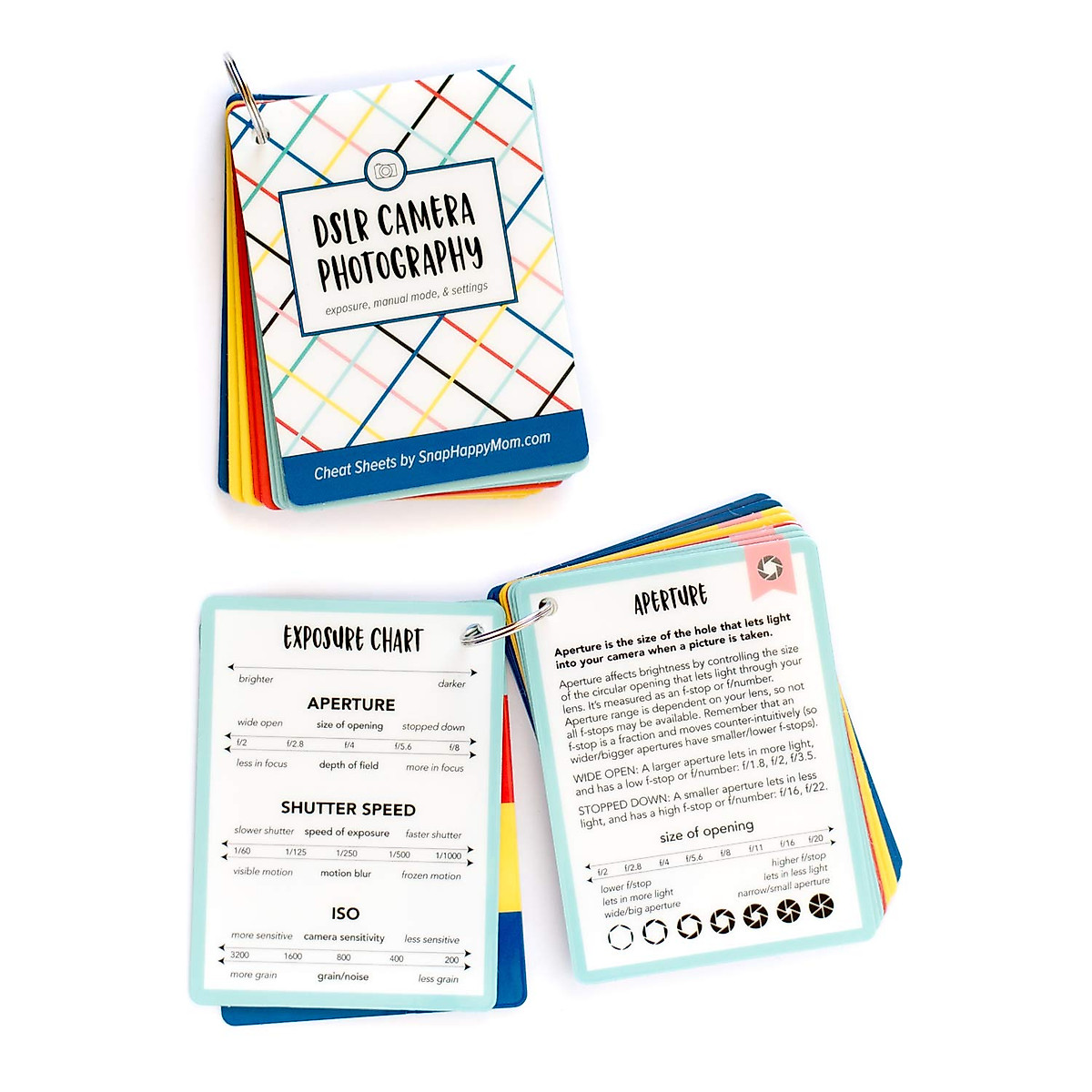 DSLR Cheat Sheet Cards for Canon, Nikon and Sony Cameras - Plastic Quick Reference Photography Cards | Camera Settings, Exposure & Manual Mode (Bright)