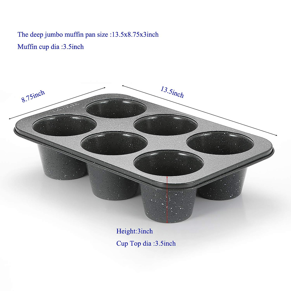 Monfish Jumbo Muffin Pan 6 Cup Carbon Steel Gray Stone non Stick Coating Muffin Tin 3.5diax3inch cup