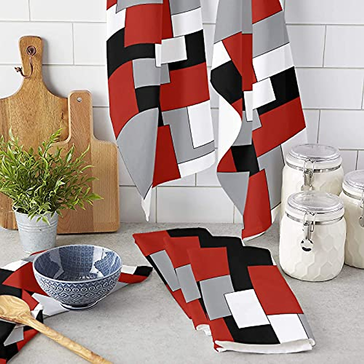 Seven Roses Classic Microfiber Soft and Absorbent Kitchen Towels, Irregular Geo Color Block Wrinkle Free Dish Towels for Kitchen, White Grey Black Red Abstract Geometric Pack of 2, 18 x 28 Inches