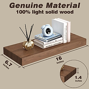 TABETO Wide Solid Wooden Wall Shelves for Wall,Floating Shelves for Bedroom,Kitchen Farmhouse,Hanging Book Shelf, for Wall Home Decor Living Room,16 Inch,Walnut 2 Pack