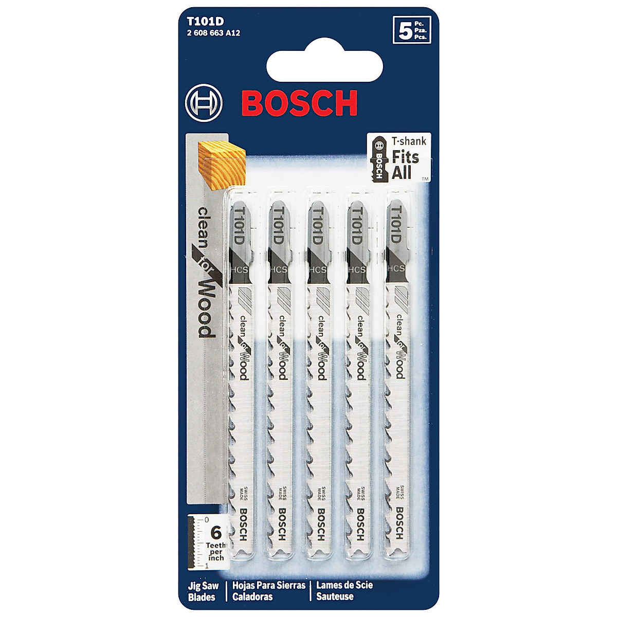 Bosch T101D 5-Piece 4 In. 6 TPI Clean for Wood T-Shank Jig Saw Blades