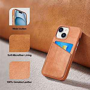 LUCKYCOIN Genuine Leather Wallet Phone Case for iPhone 13 Mini, Phone Purse with Credit Card Holder, Compatible with iPhone 13 Mini,Metal Button Bumper Protective Shockproof Cover TAN
