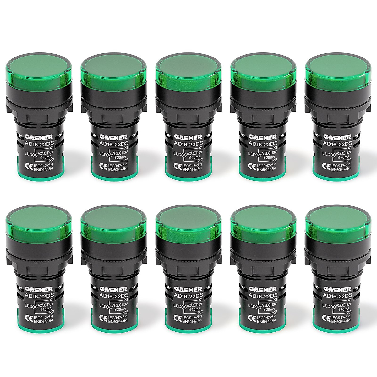 GASHER 110V 20mA Energy Saving Indicator Light Mounting Hole Size 22mm (7/8 Inch) Green 10 Pcs