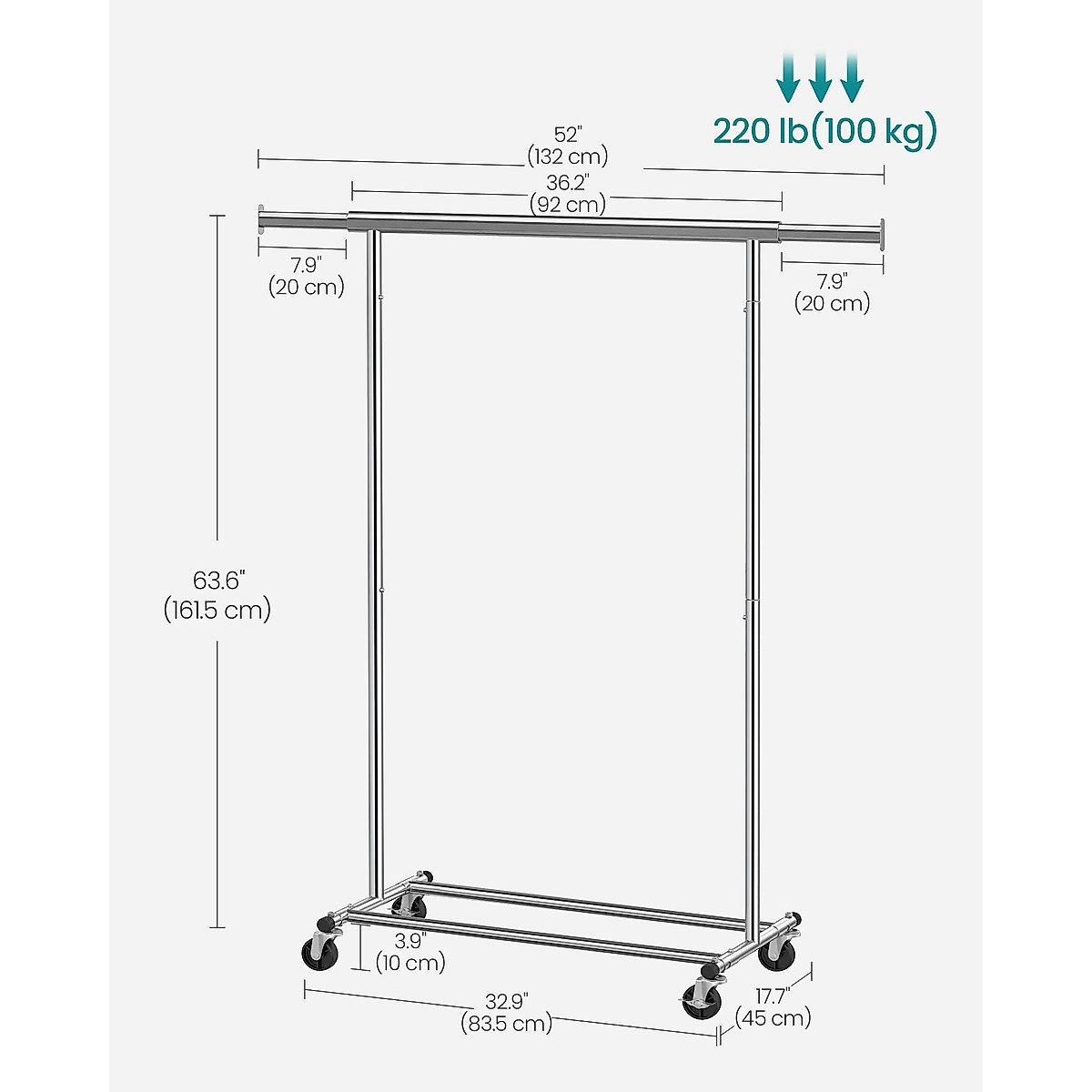 SONGMICS Clothes Rack with Wheels, Heavy-Duty Clothing Rack for Hanging Clothes, Portable Garment Rack, with Extendable Hanging Rail, 220 lb Load Capacity, Silver UHSR13SV1