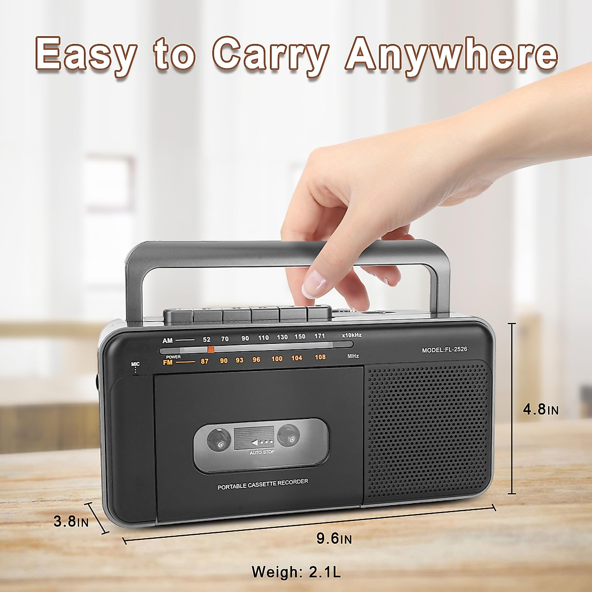 Portable Cassette Tape Player and Recorder with AM FM Radio, LED Power Indicator, Handheld, Loud Speaker,Microphone,3.5mm Earphone Jack,Powered by AC or C Batteries for Gift,Home