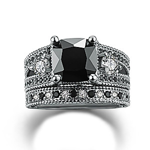 FENDINA Womens Luxurious 18K White Gold Plated Wedding Engagement Rings Princess Cut 2.5ct Created Black Diamond Solitaire Anniversary Promise Rings Set, 9
