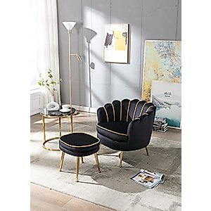 Modern Velvet Accent Chair with Ottoman Set, Upholstered Tufted Barrel Chair Leisure Chair with Footrest and Metal Legs for Living Reading Room Bedroom Office (Black)