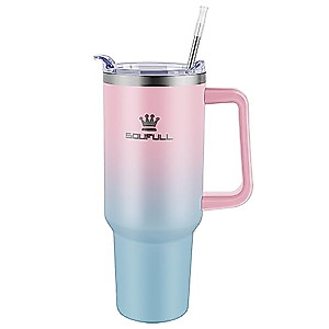 40 oz Tumbler with Handle and Straw Lid, 100% Leak-proof Travel Coffee Mug, Stainless Steel Insulated Cup For Beverages, Keeps Cold for 34Hrs or Hot for 10Hrs, Dishwasher Safe (PinkBlue)