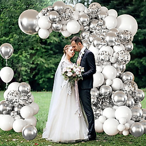 132pcs Silver and White Balloon Arch Kit, Metallic Silver and White Balloons Different Sizes of 18 12 10 Inch Balloons for Wedding Anniversary Baby Shower Graduation Birthday Party Decoration