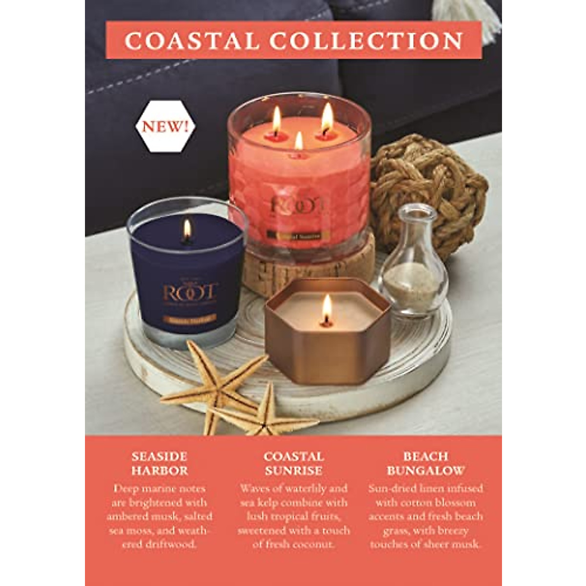 Root Candles Scented Candles Honeycomb Veriglass Premium Handcrafted Beeswax Blend Candle, Large, Coastal Sunrise