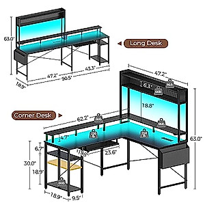 Rolanstar L Shaped Gaming Desk, 90.5“ Computer Desk with Monitor Stand & Hutch, Home Office Desk with LED Lights & Power Outlets, Corner Desk with Keyboard Tray, Carbon Fiber Black