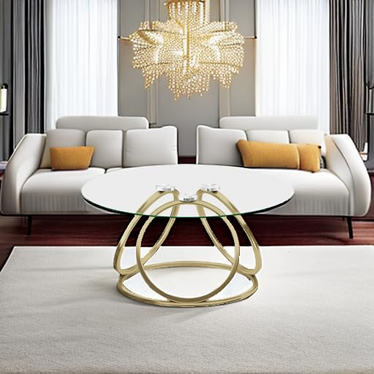 O&K FURNITURE Gold Coffee Table, Modern Round Glass Coffee Table for Living Room with Ring-Shaped Frames, Gold Glass Table for Home&Office,Gold Finish, 1PC