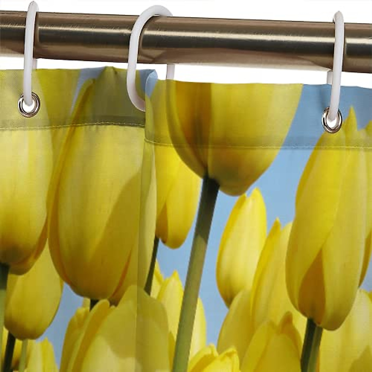Tulip Shower Curtain Sets, Many Yellow Flowers Bath Curtains Polyester Fabric with Non-Slip Rugs, Toilet Lid Cover and U-Shape Mat for Bathroom Set 4 Pcs w/12 Hooks, 65"x72"