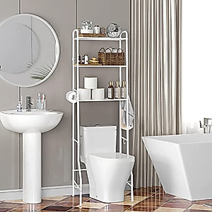 BHFOW Toilet Storage Rack, 3-Tier Over-The-Toilet Bathroom Spacesaver, Bathroom Shelf Organizer, Freestanding Above Toilet Rack with Hooks (White)