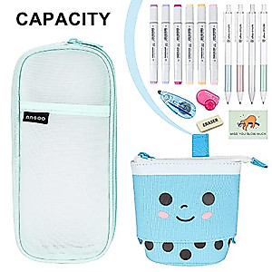 Cute Pencil Case Telescopic Holder Stationery Case with Grid Mesh Pencil Holder, Pop Up Pencil Pouch Standing Pen Holder Makeup Office Bag Organizer School Box for Girls Students Women Adults