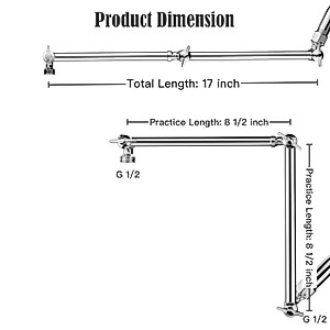 16 inch Dual Extension Extra Long Adjustable Shower Head Extension Arm With Locking Set Screw, Singing Rain Brass Angle Height Adjustable, G1/2 Universal Connector Compatible (Chrome Finish)