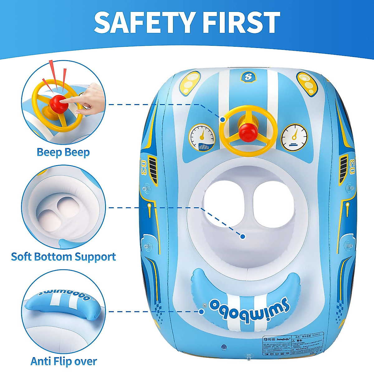 Swimbobo Toddler Pool Float with Seat Boat Inflatable Ride-on Car for Kids Outdoor Toys(Blue Sport Car)