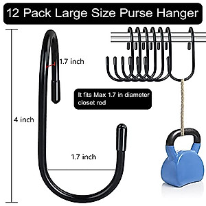 12 Pack Purse Hanger for Closet, Twist Design Bag Hanger Purse Hooks Closet Organizer, Large Closet Rod S Hooks for Hanging Bags, Purses, Handbags, Belts, Hats, Plants, Pots (Black)