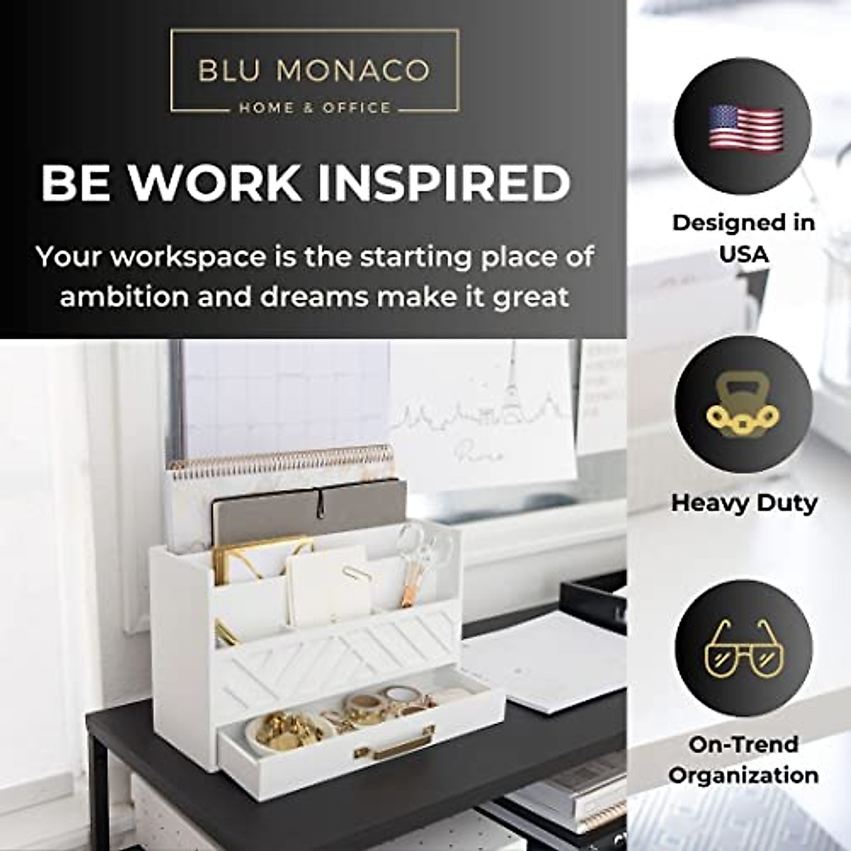 BLU MONACO White Wooden Desk Organizer with Drawer and Gold Handle - Desk Organizers and Accessories for Office Organization and Storage - Home, Office and Classroom Desk Supplies and Organizers