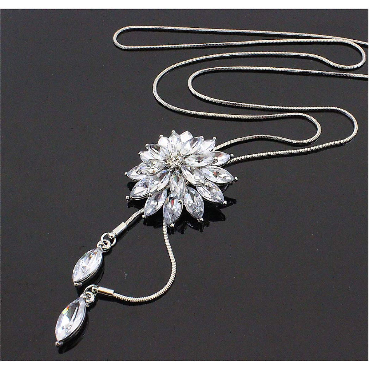 Cathercing Rhinestone Lotus Floral Pendant Long Necklace for Women Sweater Chain Statement Necklace Choker Adjustable Elegant Jewelry Accessories Dressy Collocation Winter Evening Party Wedding