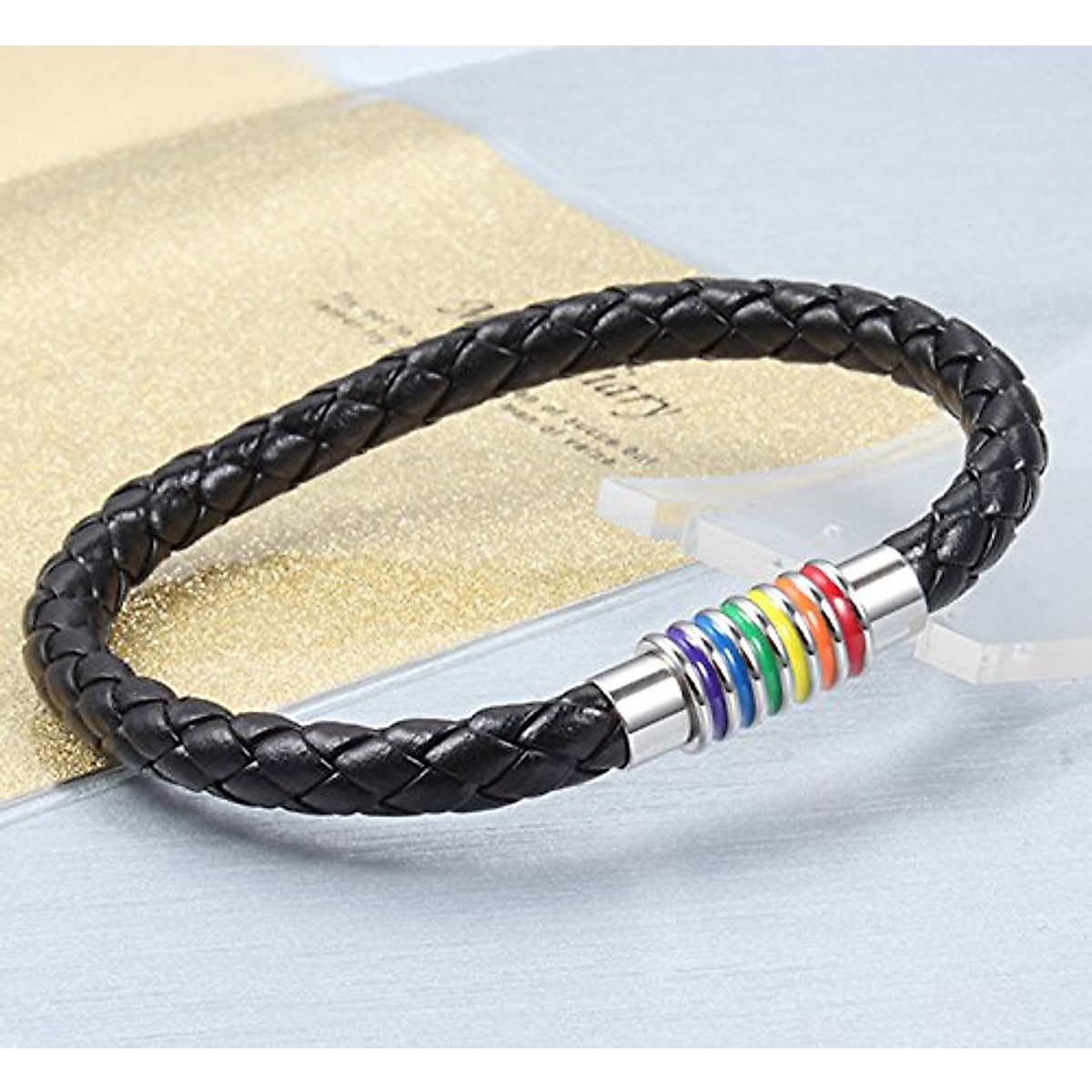 Nanafast Stainless Steel Rainbow Lesbian LGBT Pride Braided Bracelet Leather LGBTQ Pride Bracelets Wristband Weave Plaited Jewelry 2 Pack 7.48 Inches (Lesbian/Female)