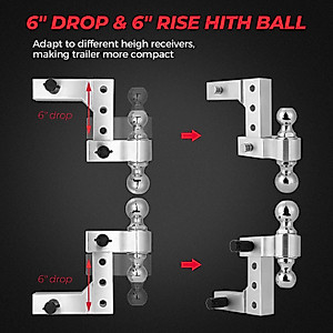 KEMIMOTO Adjustable Trailer Hitch, Fits 2 inch Receiver, 6 Inch Drop Hitch, Aluminum Tow Hitch Ball Mount, 2 and 2-5/16 inch Tow Balls/Double Pin Key Locks for Trucks Cars UTV ATV