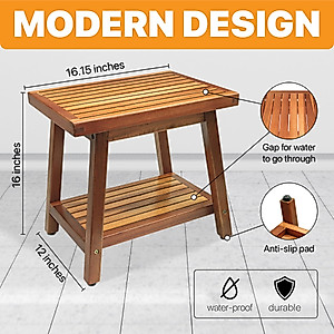 Shower Stool Bench Chair Waterproof with Storage Shelf for Shaving Legs, Spa, Bath Seat, Inside Shower Bench for Adults Seniors Elderly, Outdoor Side Table, Patio, Pool, End Table (16 Inches)