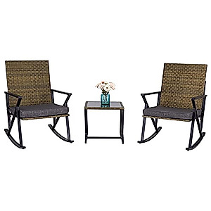 3-Piece Rattan Rocker Chair Outdoor Garden Bistro Set Rocking Chair Wicker Lounge with Cushion and Coffee Table (Dark Grey)