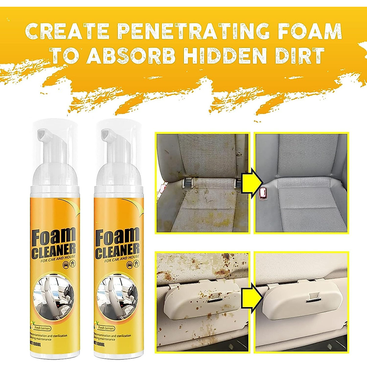 KUTDEP Dry Cleaning Ahent Multipurpose Foam Cleaner Spray,Lemon Flavor Multi-Purpose Foam Cleaner, Foam Cleaner for Car, Powerful Decontamination Set for Car and Home Kitchen (2pcs*100ML) + 2 Sponges