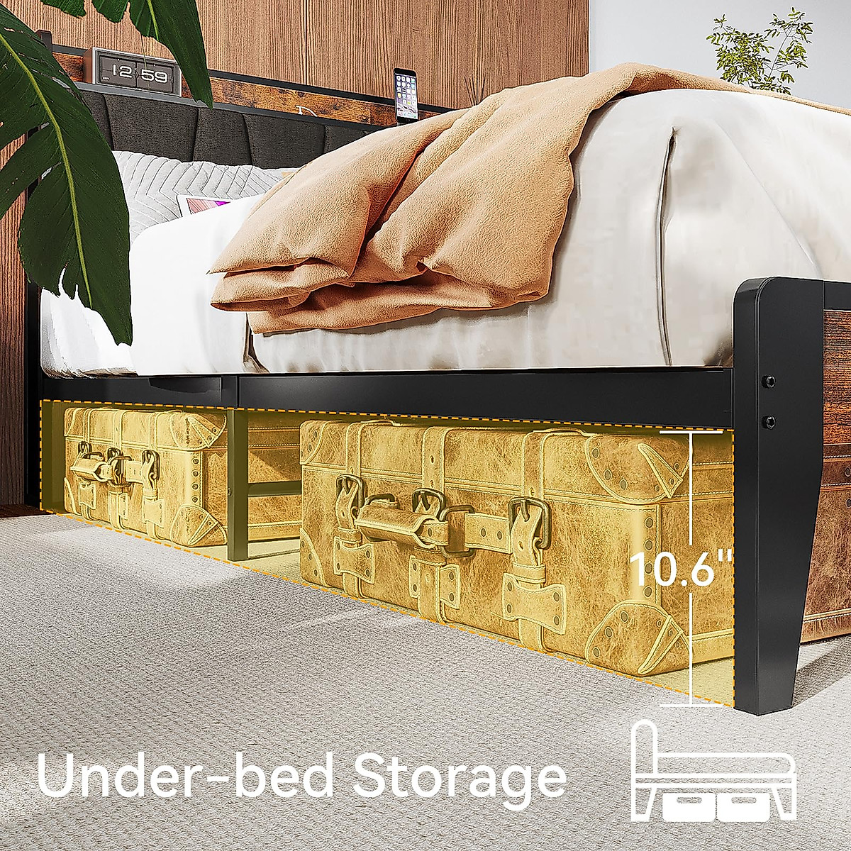 ClouDDwell Queen Size Bed Frame and Headboard with Charging Station, Queen Bed Frame with Storage, Heavy Duty Steel Support, No Box Spring Needed, Squeak Resistant, Rustic Brown and Grey