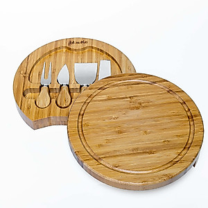 BlauKe Bamboo Cheese Board and Knife Set – 10 inch Round Charcuterie Board, Serving Tray, Platter, Wood Cheese Board Set – Gift Idea