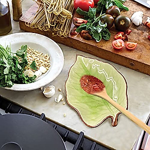 Green Spoon Rest Spoon Holder for Stove Top Kitchen Counter with Wooden Spoon, Farmhouse Decor Leaf Shape Spatula Holder Ceramic, 5.1 W x 7.5 L