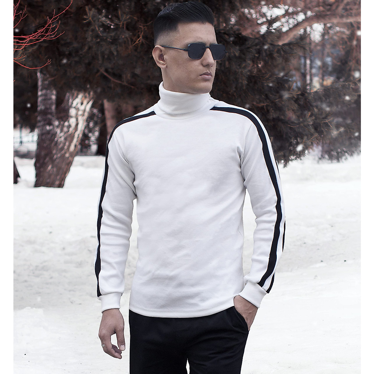 URBAN BUCK Men Turtleneck Long Sleeve Striped Shirt Ribbed Knitted White Turtle Neck Kosco Pullover Sweater (M)