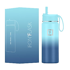 IRON °FLASK Kids Water Bottle - Straw Lid, 20 Name Stickers, Vacuum Insulated Stainless Steel, Double Walled Tumbler Travel Cup, Thermos Mug - Blue Waves, 18 Oz