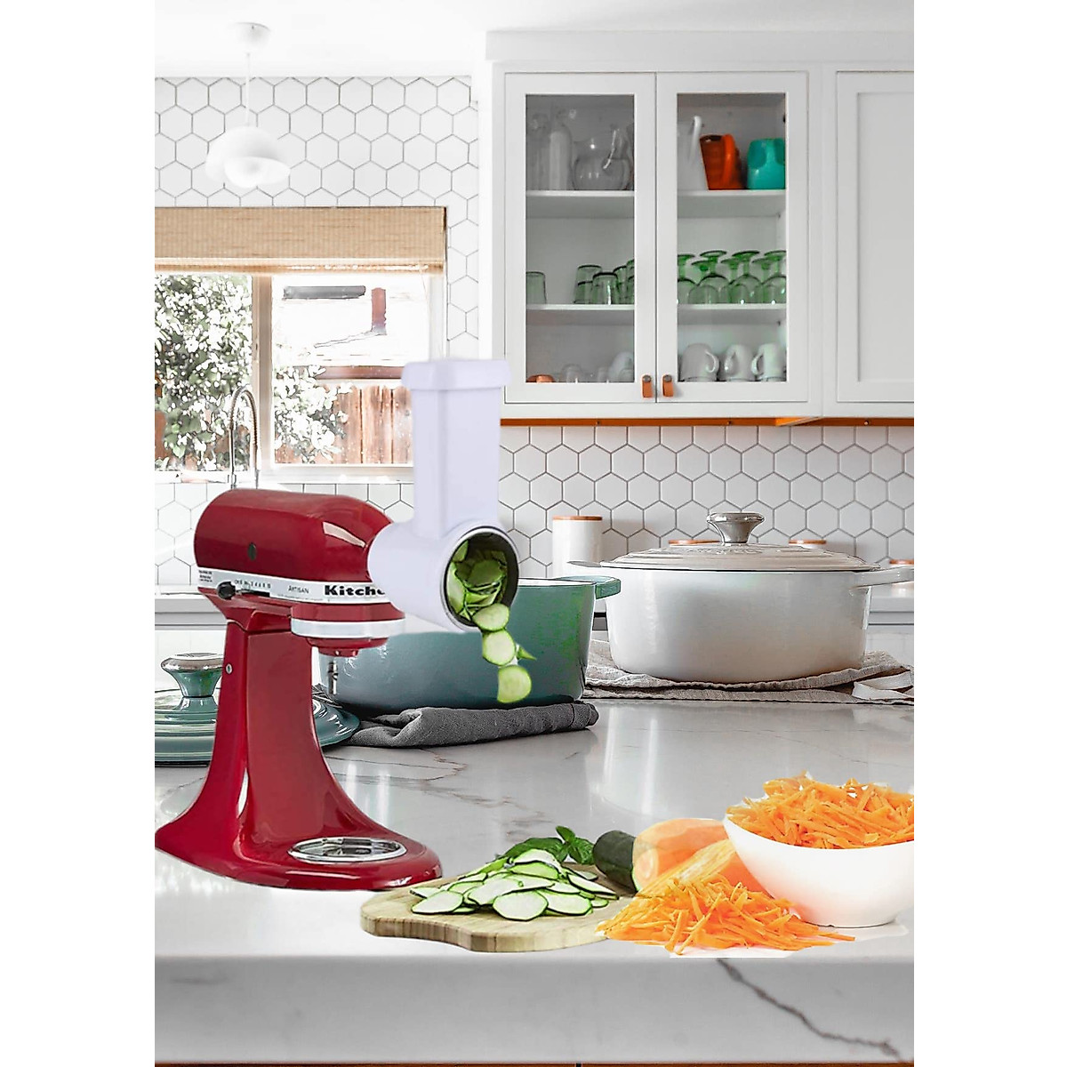 Food Slicer/Shredder Attachment for KitchenAid Stand Mixers - Quick Slice Vegetables/Cheese - 3 Stainless Steel Blades - Dishwasher Safe - Easy Chopping/Shredding