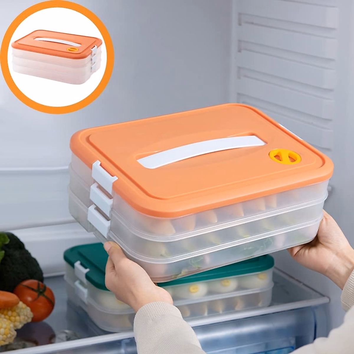 DOITOOL Dumpling Freezer Case Refrigerator Food Storage Container Box: 3- Layer Flat Fridge Organizer case with lids Plastic Stackable Food Keeper Tray for Dumpling wonton Food Preservation Tray