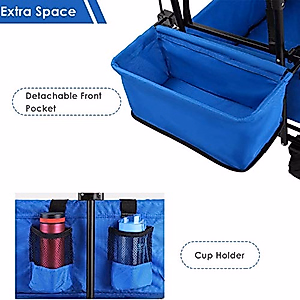 Collapsible Utility Wagon, Heavy Duty Folding Portable Push and Pull Hand Cart with Removable Canopy, for Shopping, Picnic, Beach, Camping, Red (Blue