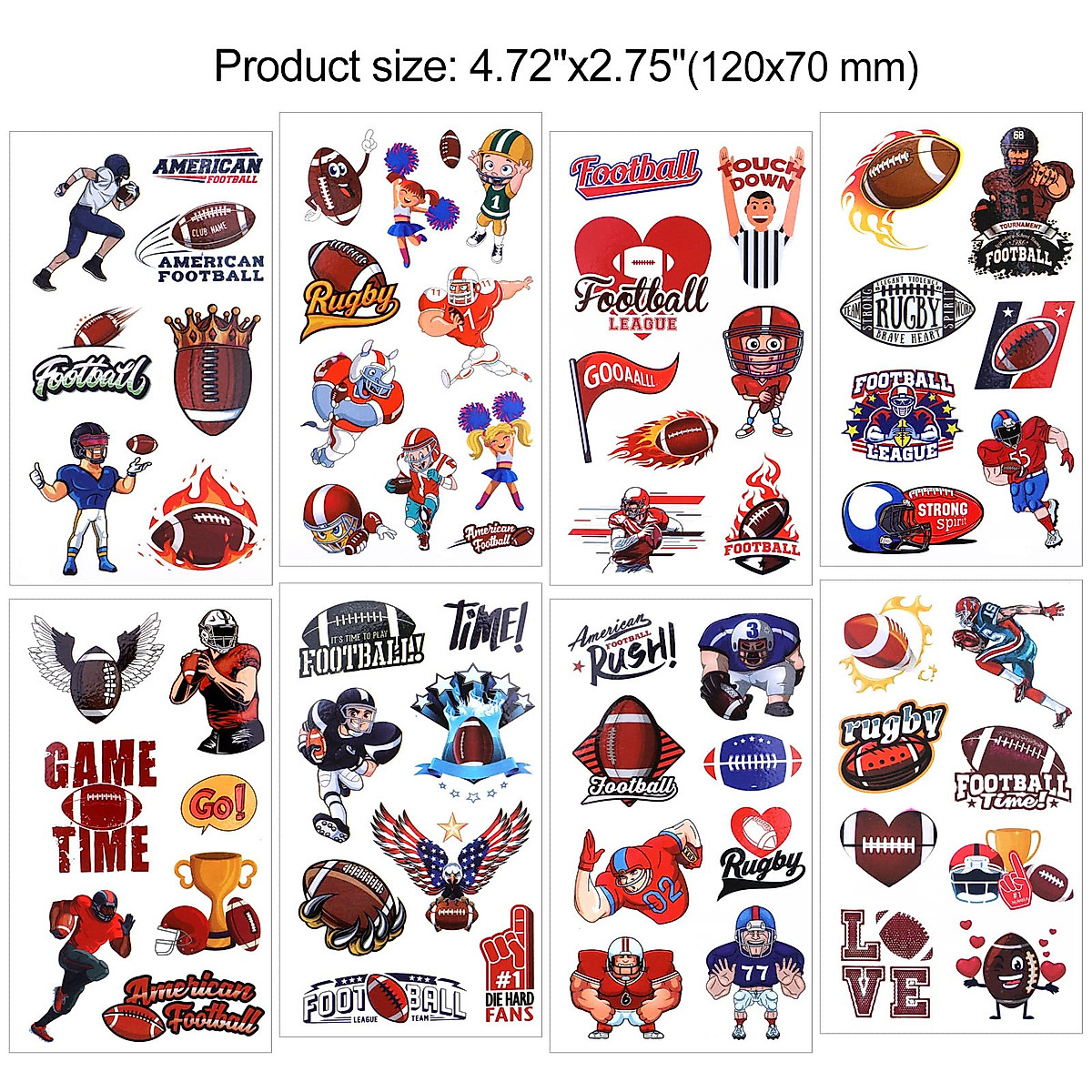 HOWAF 100+PCS American Football Temporary Tattoos, Super Bowl Fake Tattoos for Kids Adults, Rugby Face Tattoos Stickers for Sports Football Fans Favors, Waterproof Body Tattoos for Football Event Party Supplies