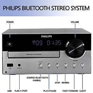 PHILIPS Bluetooth Stereo System for Home with CD Player, MP3, USB, Audio in, FM Radio, Bass Reflex Speaker, 60W, Remote Control Included