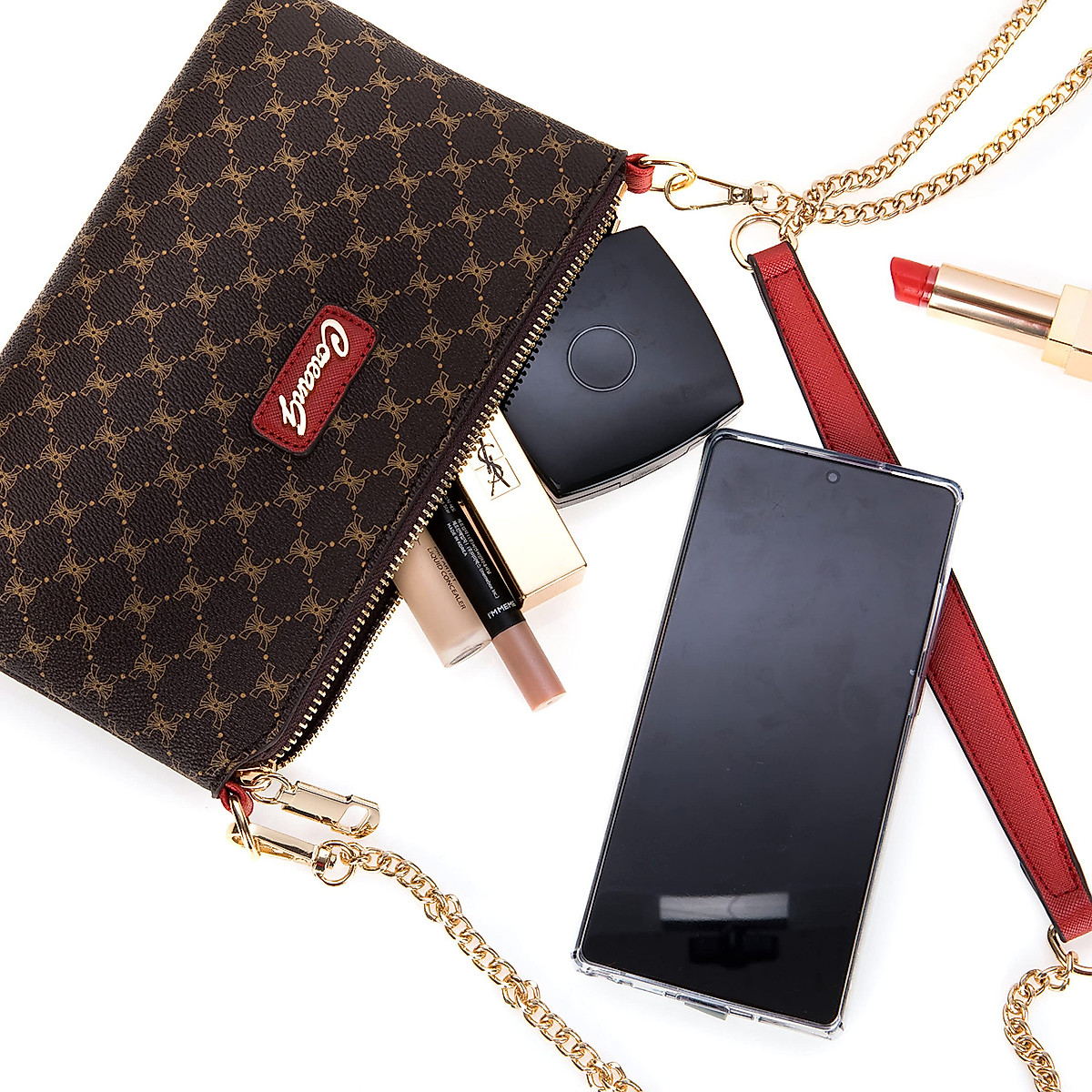 Chain Strap Small Crossbody Cellphone Purse for Women, Card Slots Clutch Shoulder Phone Bags (Red)