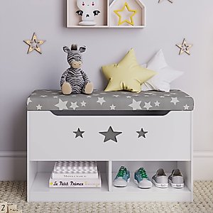 Sturdis Kids Toy Box – Gray & White with Cushion Storage Bench Seat, Toy Storage Chest And Cubby Space For Shoes And Books Organizers