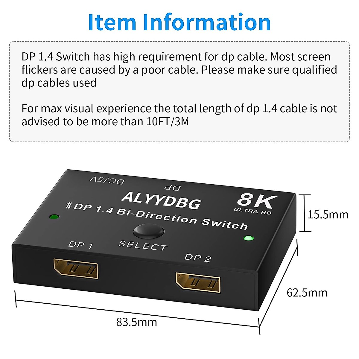 ALYYDBG 8K Display Port Switch, Bidirectional DP 1.4 Switcher Box with One-Click Switching, Supports 2 in 1 Out / 1 in 2 Out; 8K@60Hz, 4K@120Hz, 1080P@240Hz for PC Monitor Laptop