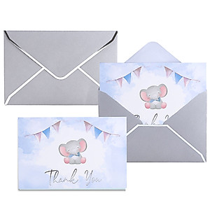 Winoo Design Heavy Duty Baby Shower Thank You Cards Boy - 36 PK - Silver Letterpress Elephant Thank You Cards Baby Shower Baby Boy Thank You Cards Cute Watercolor Thank You Cards Blue