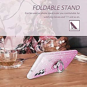 KSWOUS Galaxy A32 5G Case with 2 Pack Screen Protector, Crystal Clear Glitter Sparkly Bling Pink Protective Cover with Kickstand for Women Girls Slim Shockproof Case for Samsung A32 5G (Pink)
