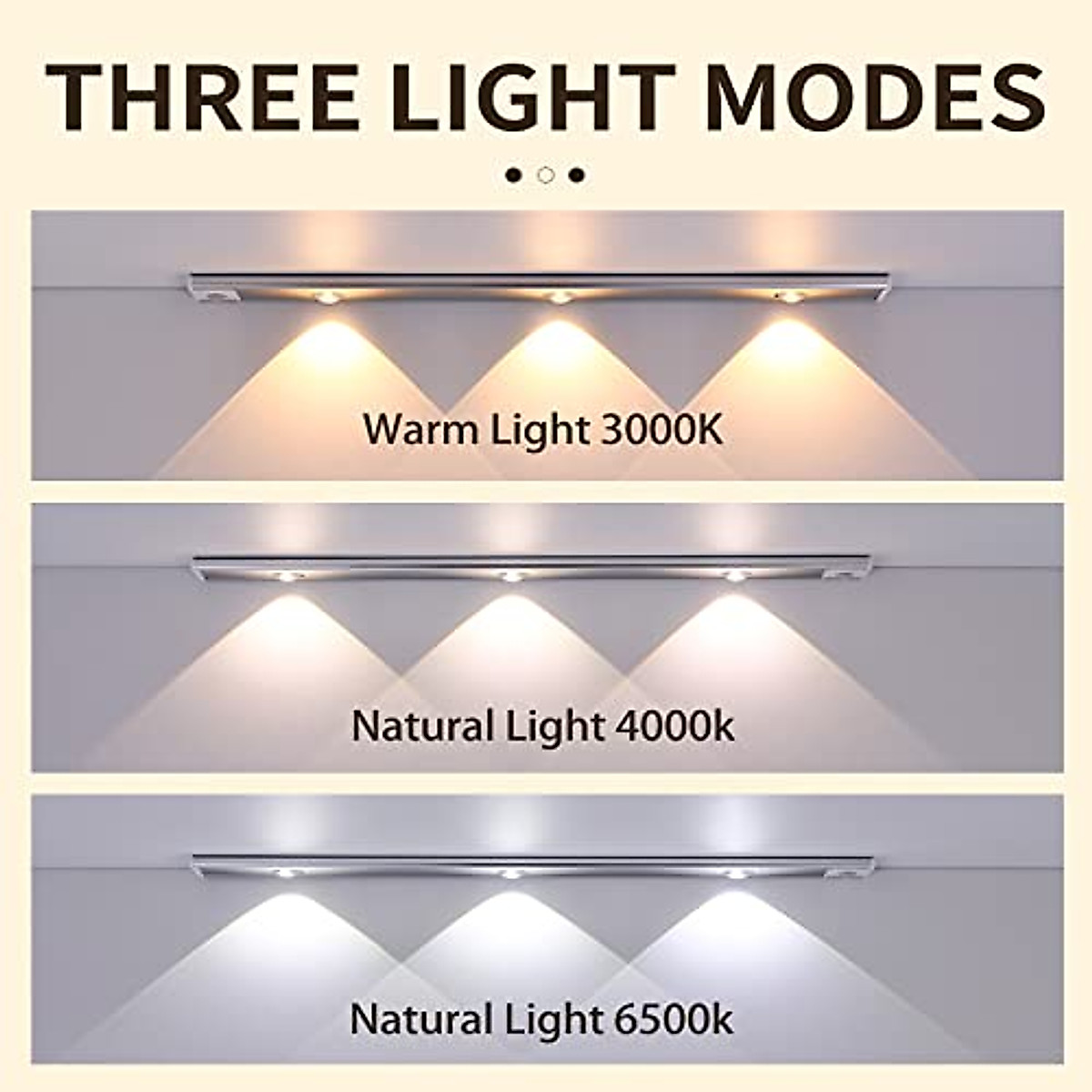 Under Cabinet Lights LED Motion Sensor Indoor, USB Rechargeable ,3 Light Modes Stepless Dimming Hill Light, 6500K Night Light for Closet Cabinet Kitchen Wardrobe (15.74in/40cm)