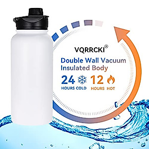 VQRRCKI 32 Oz Insulated Water Bottle with Straw Lid & Wide Mouth Lids, Stainless Steel Sports Water Bottles, Double Walled Vacuum, Leak Proof, White