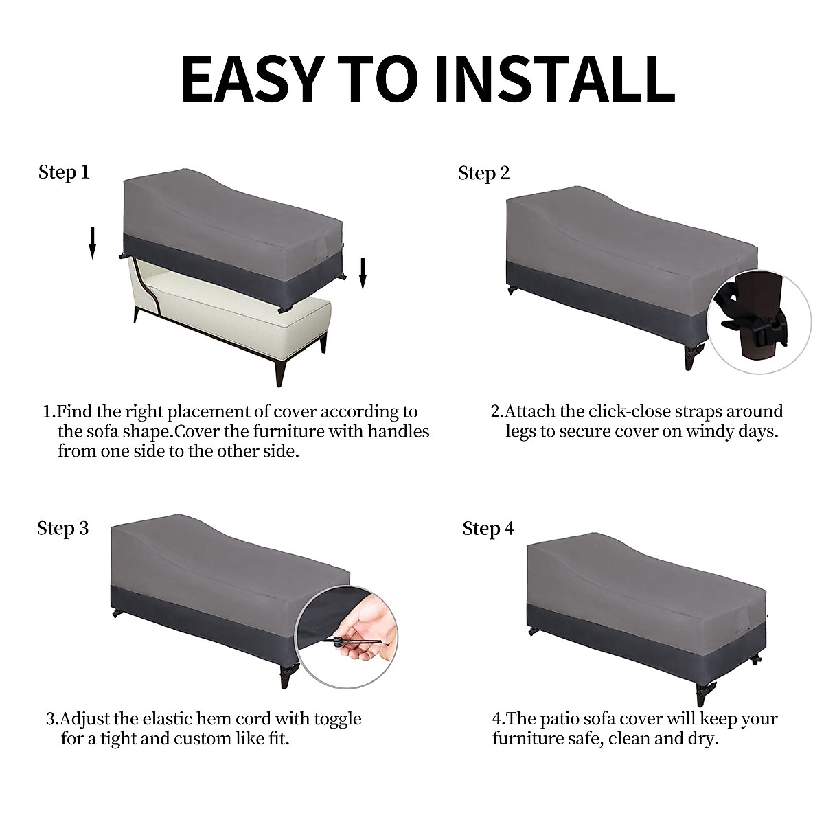 Easy-Going Waterproof Outdoor Chaise Lounge Cover, Heavy Duty Patio Lounge Chair Cover, Windproof Outdoor Furniture Cover with Air Vent 2 Pack-78Wx35.5Dx33H inch, Gray/Dark Gray