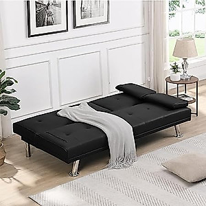 Anwickmak Convertible Futon Sofa Bed,PU Leather Modern Couch Loveseat Sleeper, Folding Daybed Guest Bed, Removable Armrests, 2 Cup Holders, Metal Legs (Black)